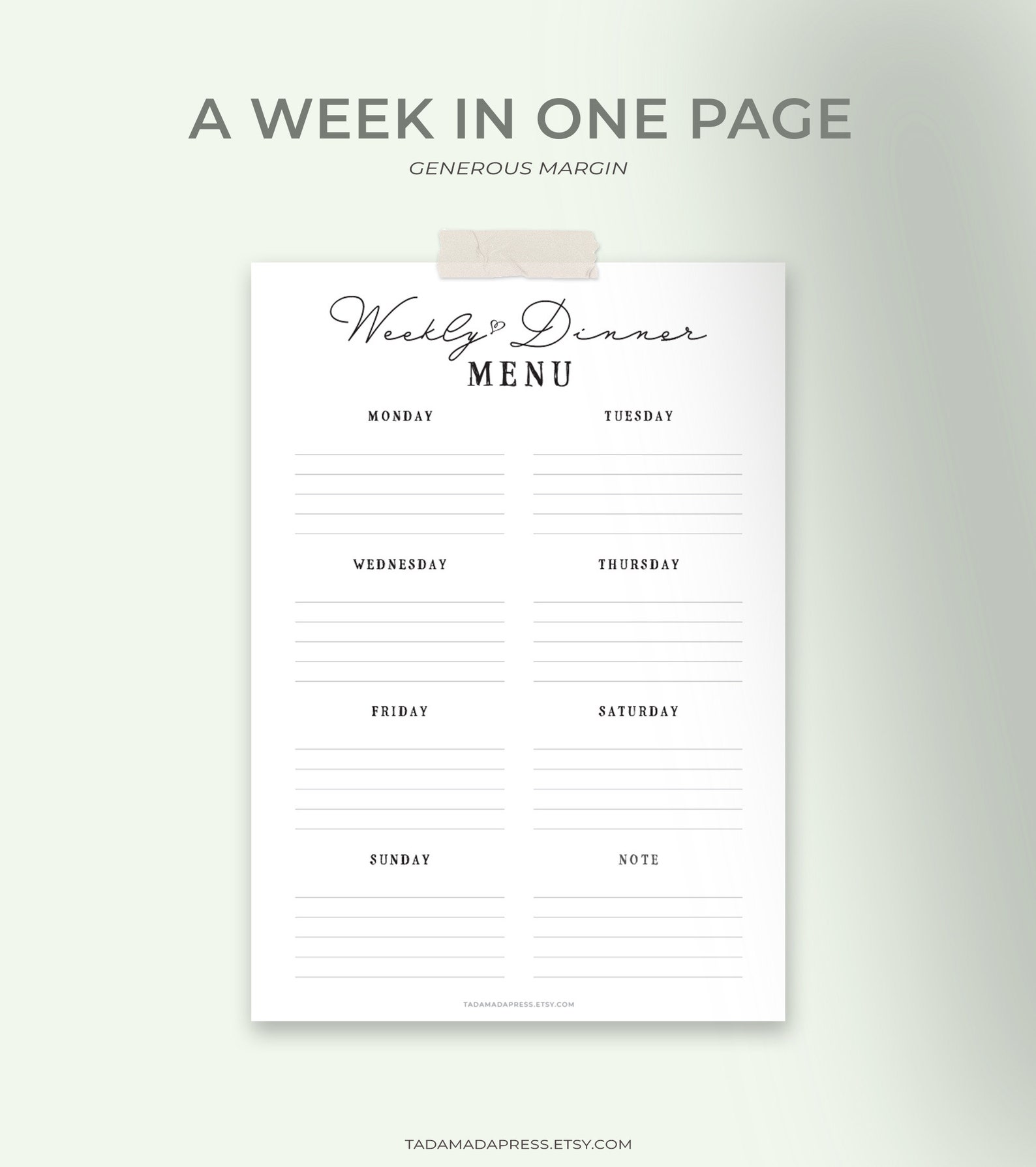 Weekly Dinner Menu Printable Planner, Meal Plan Checklist Schedule ...