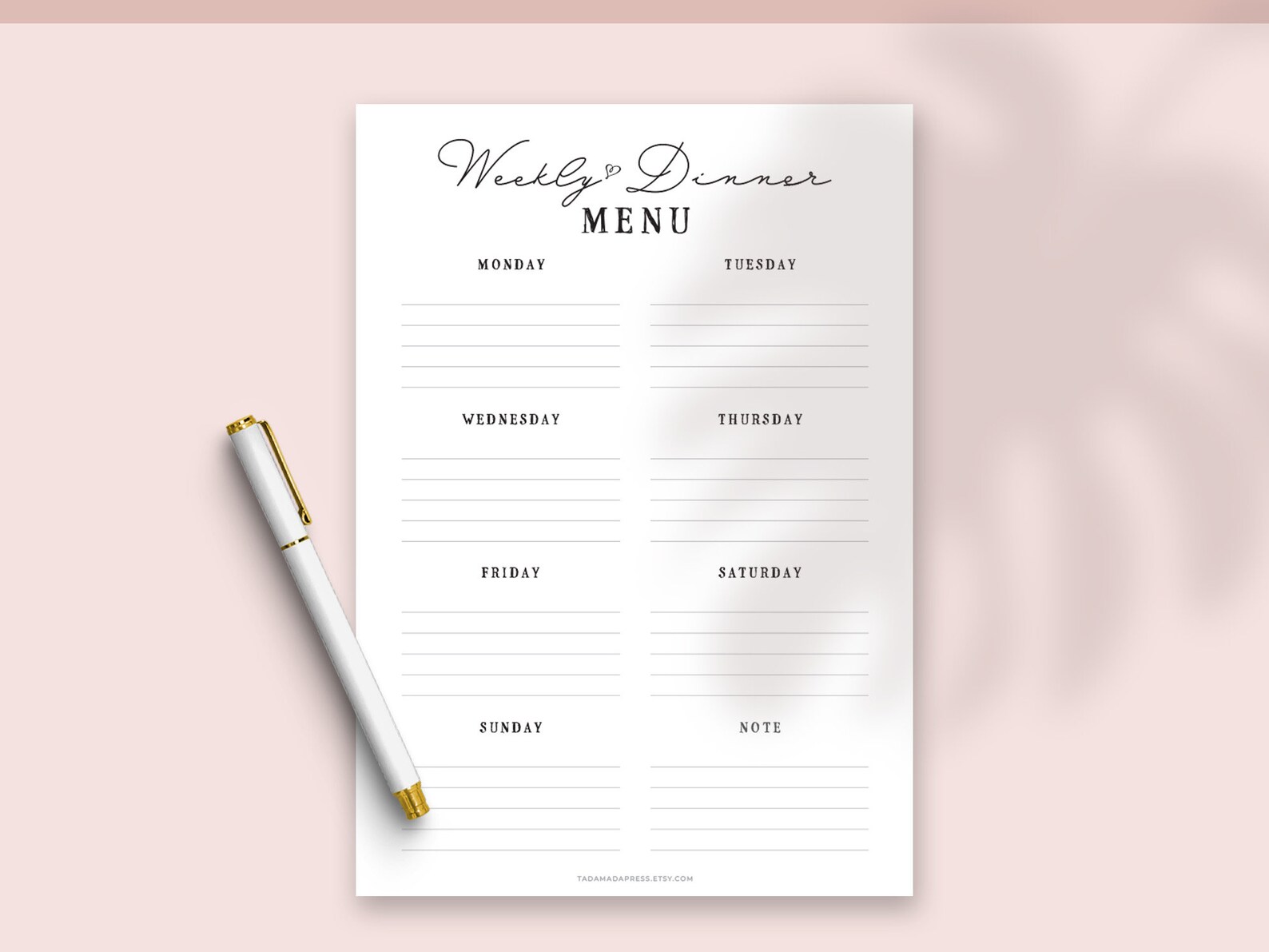 Weekly Dinner Menu Printable Planner, Meal Plan Checklist Schedule ...