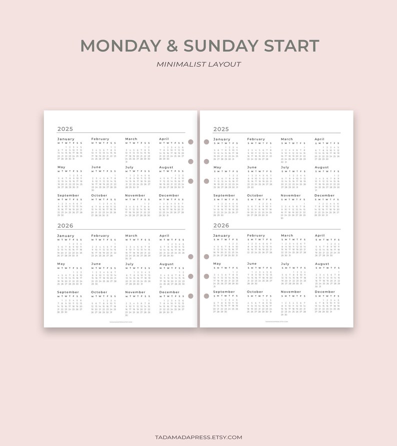 One Page 2025, 2026 Year Calendar, Year at a Glance Printable Insert ...