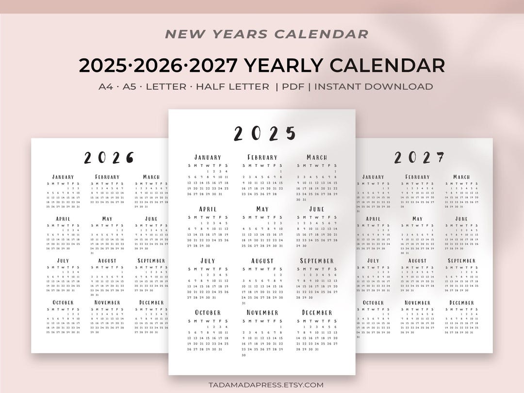 2025, 2026, 2027 Yearly Calendar Printable, Year at a Glance Modern ...
