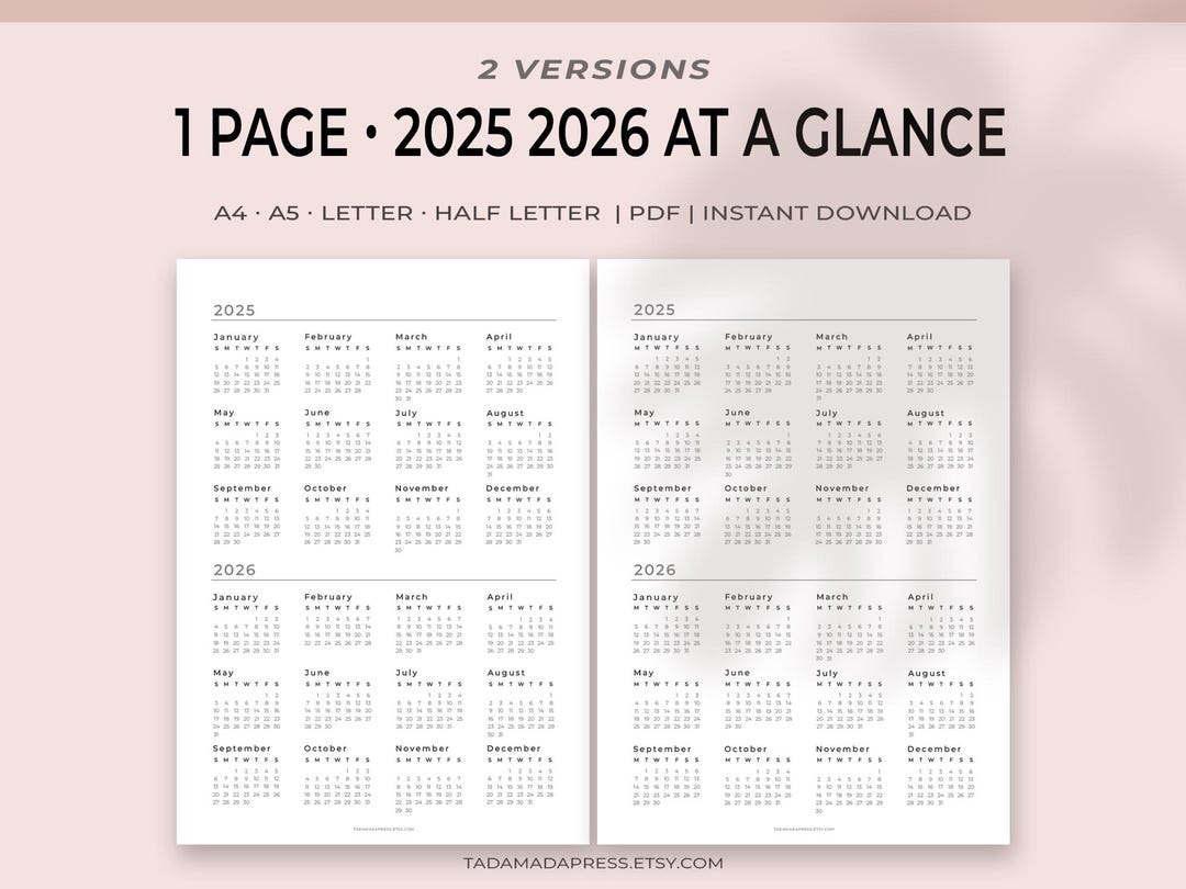 One Page 2025, 2026 Year Calendar, Year at a Glance Printable Insert ...