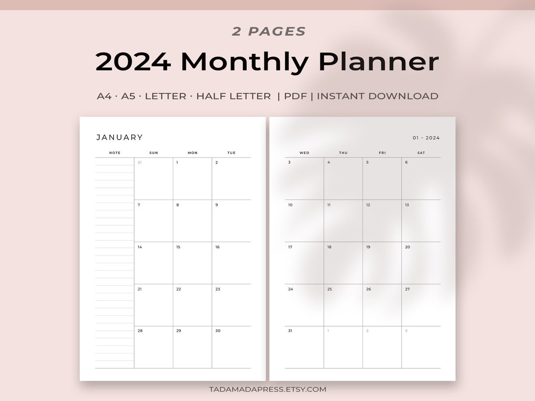 2024 Dated Monthly Printable Planner, Two Page Monthly Calendar ...