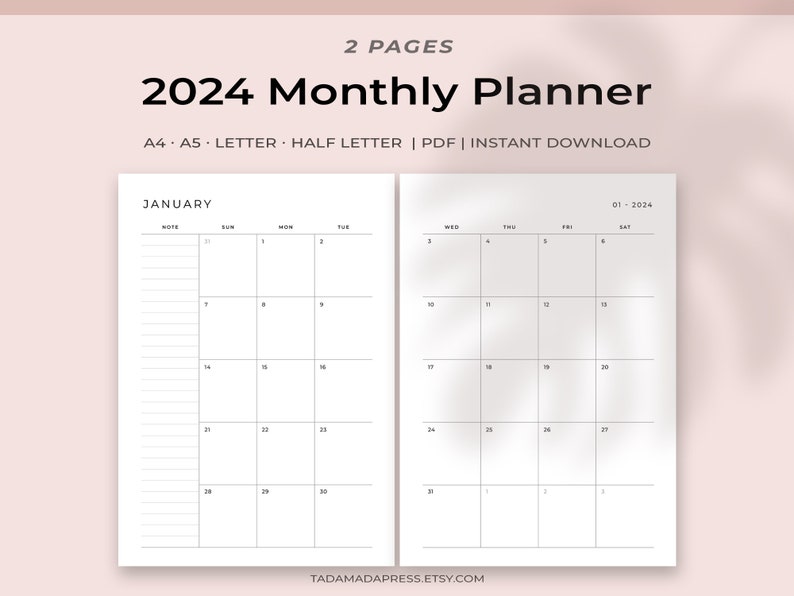 2024 Dated Monthly Printable Planner, Two Page Monthly Calendar ...
