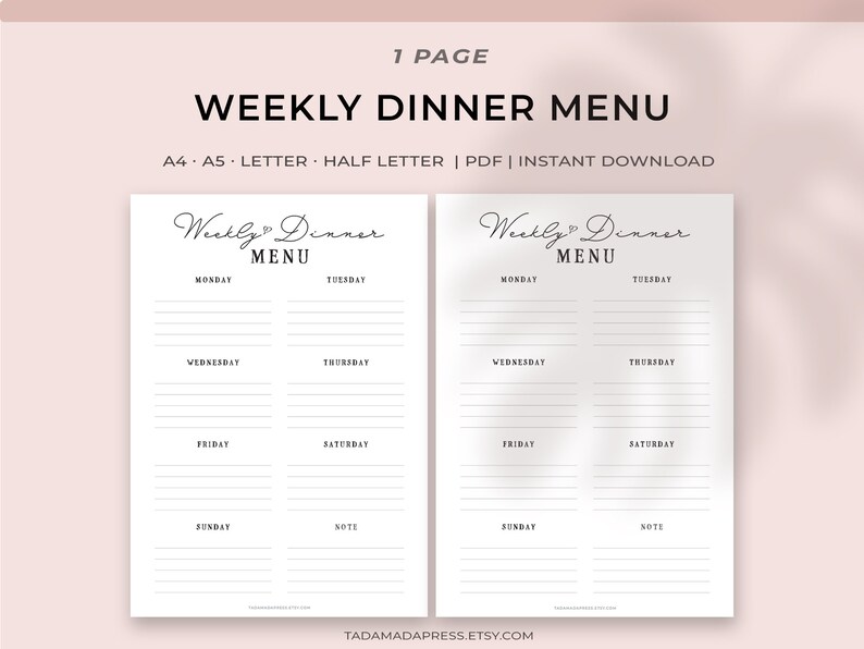 Weekly Dinner Menu Printable Planner, Meal Plan Checklist Schedule ...