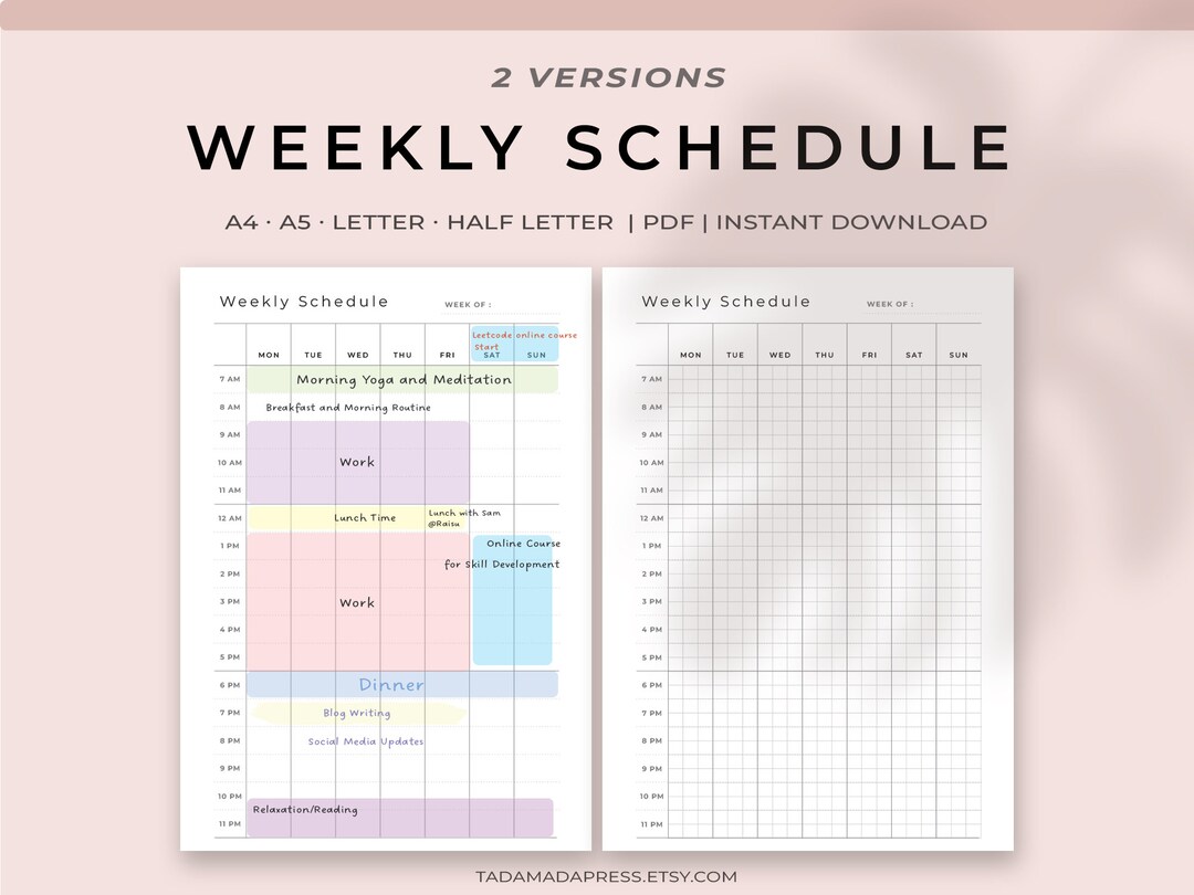 Weekly Schedule at a Glance Printable Planner 7-day Hourly - Etsy