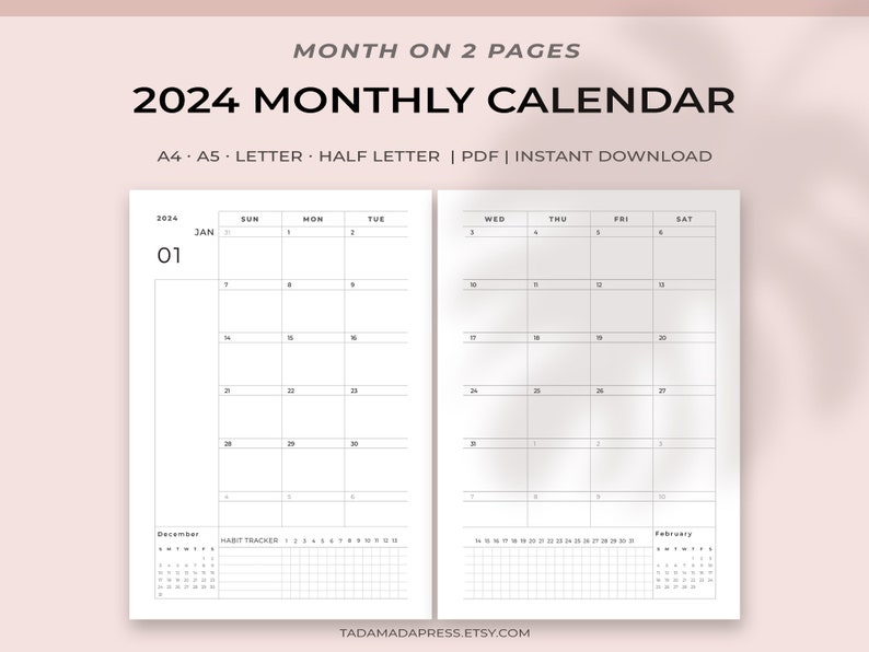 2024 Dated Monthly Calendar Printable, Month on Two Pages, Monthly ...