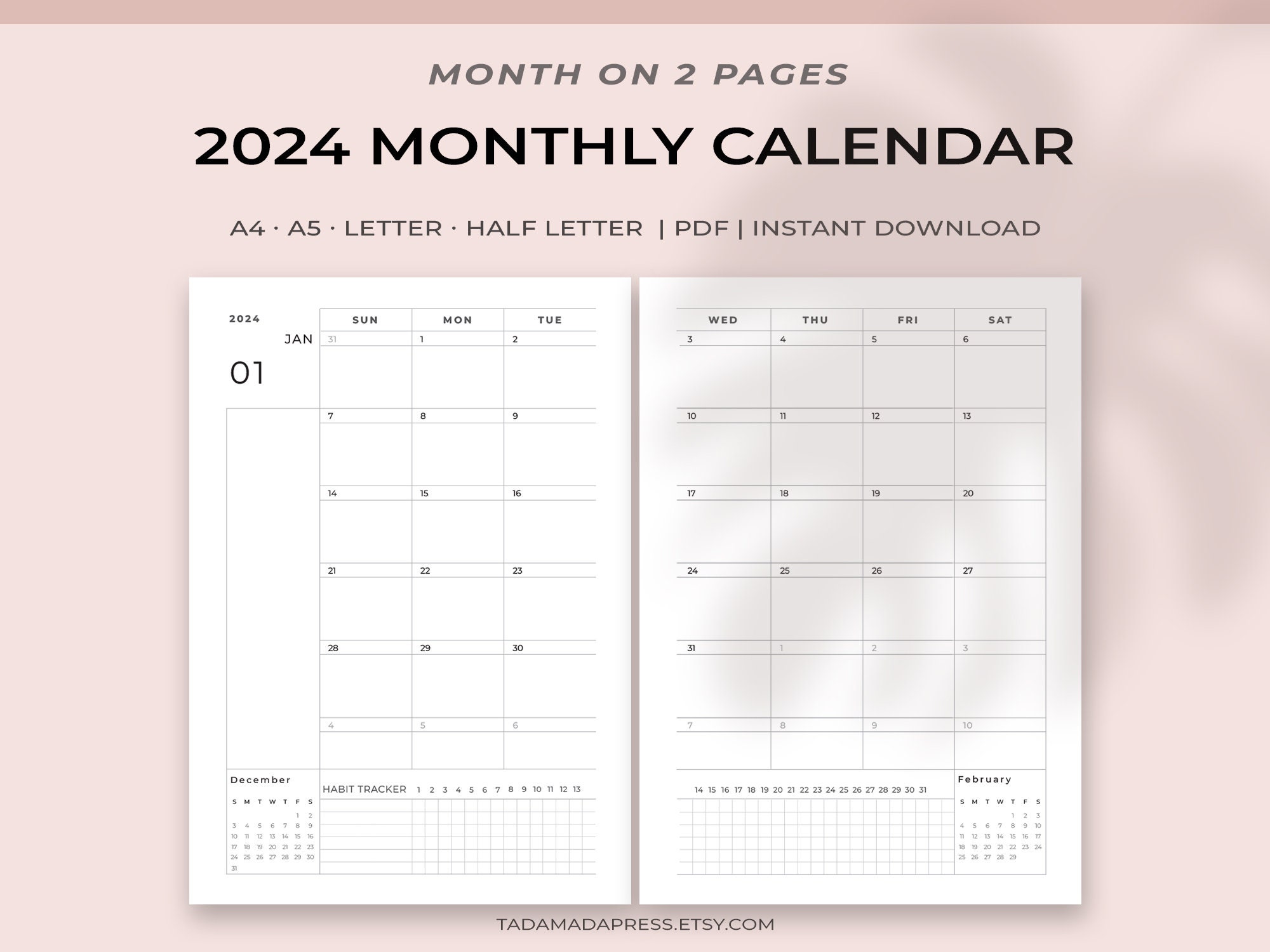 2024 Dated Monthly Calendar Printable, Month on Two Pages, Monthly ...
