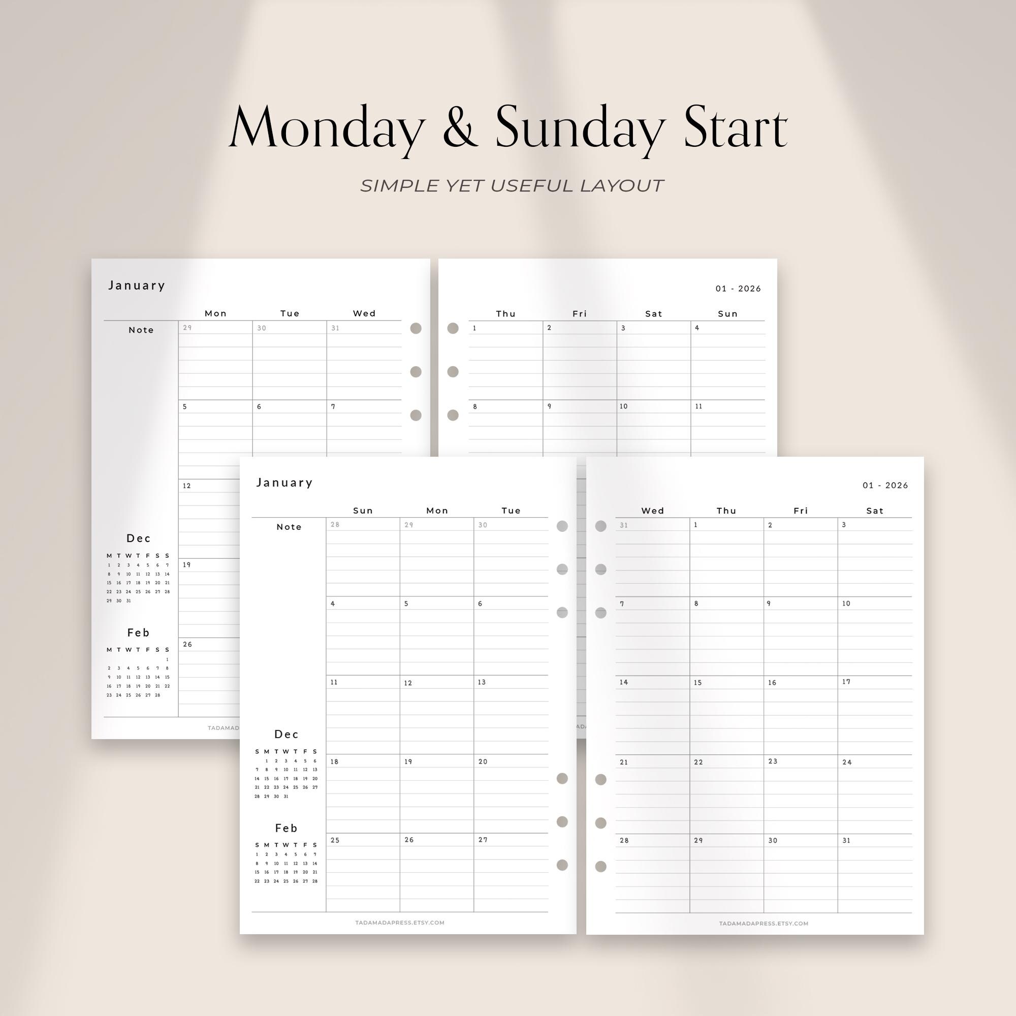 2026 Monthly Planner Printable: Lined Pages With Mini Calendars (a4/a5 ...