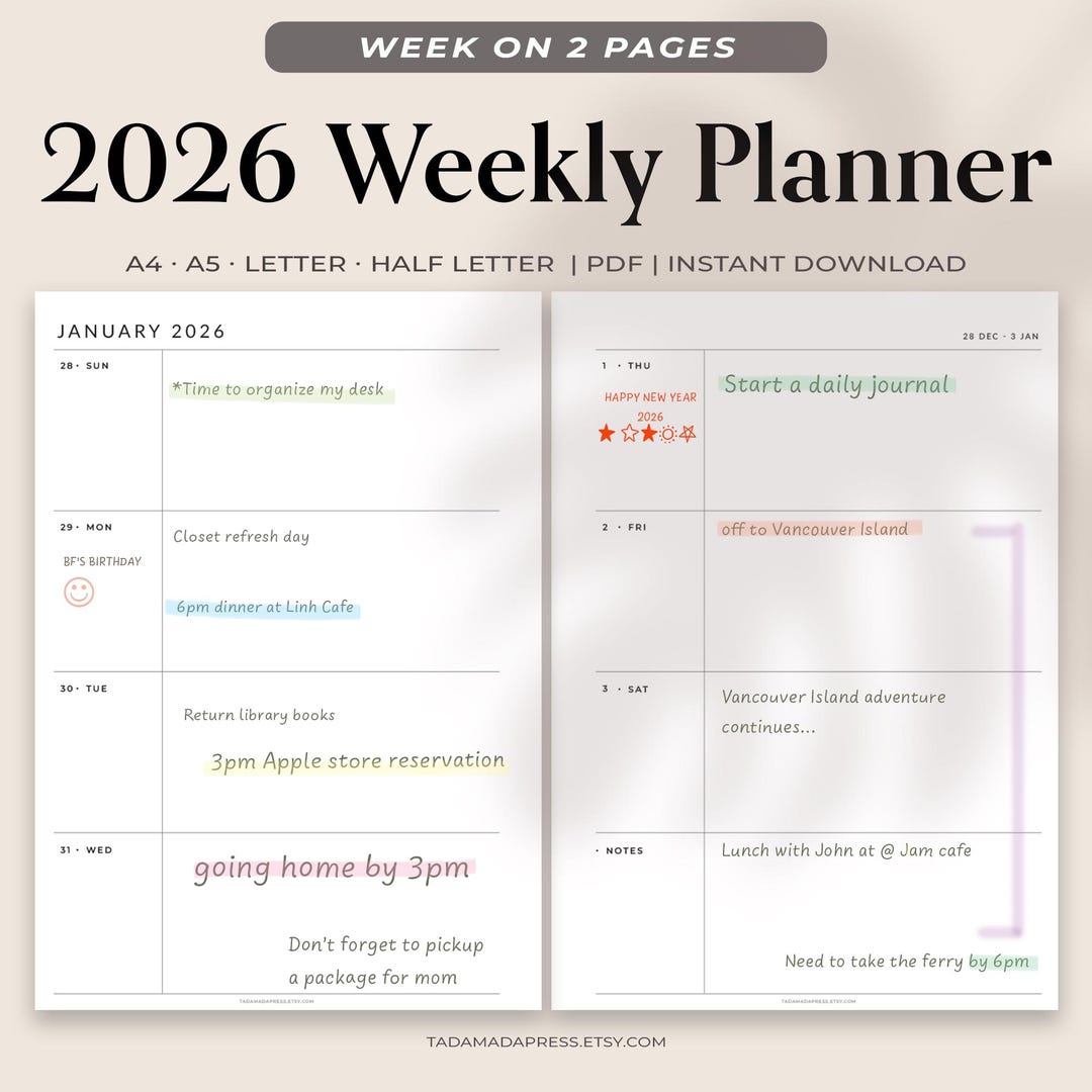 2026 Weekly Planner Printable: Minimalist Big Space Layout (A4, A5 ...
