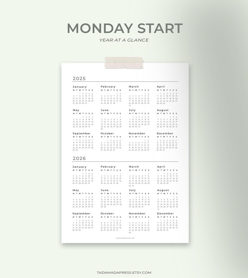 One Page 2025, 2026 Year Calendar, Year at a Glance Printable Insert ...