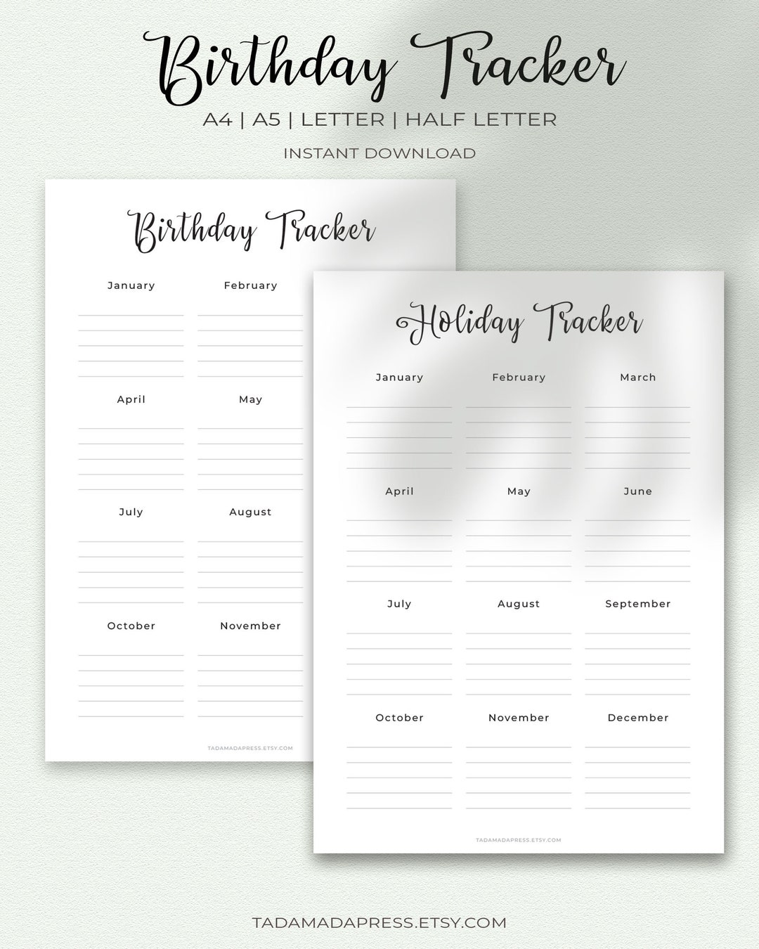 Birthday & Holiday Tracker, Tracker Printable Calendar, Perpetual ...