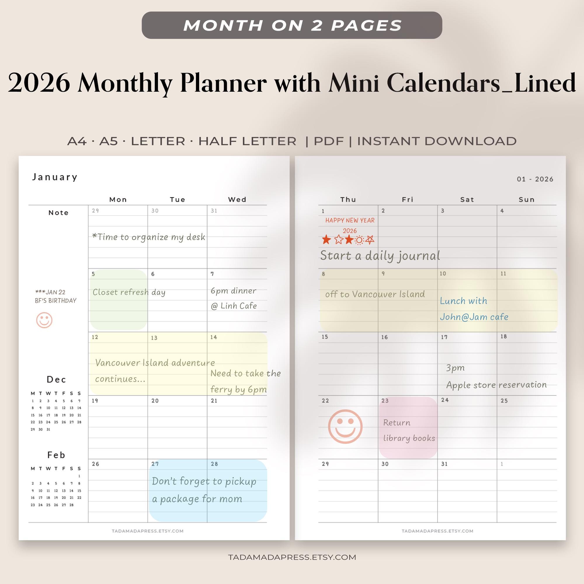 2026 Monthly Planner Printable: Lined Pages With Mini Calendars (a4/a5 ...