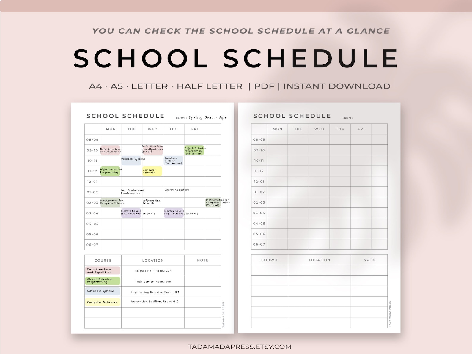 School Schedule Planner Printable, Class Timetable Chart, Locations at ...