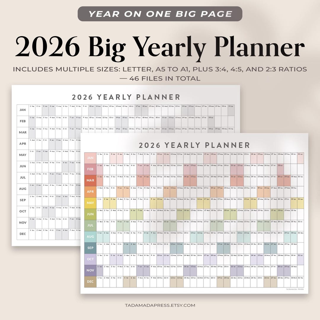 2026 Year at a Glance Wall Calendar Bundle | Giant Yearly Planner ...