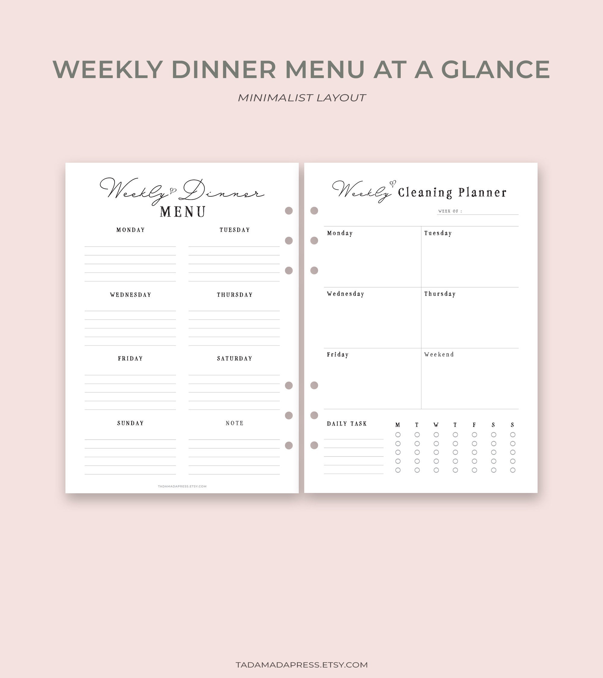 Weekly Dinner Menu Printable Planner, Meal Plan Checklist Schedule ...