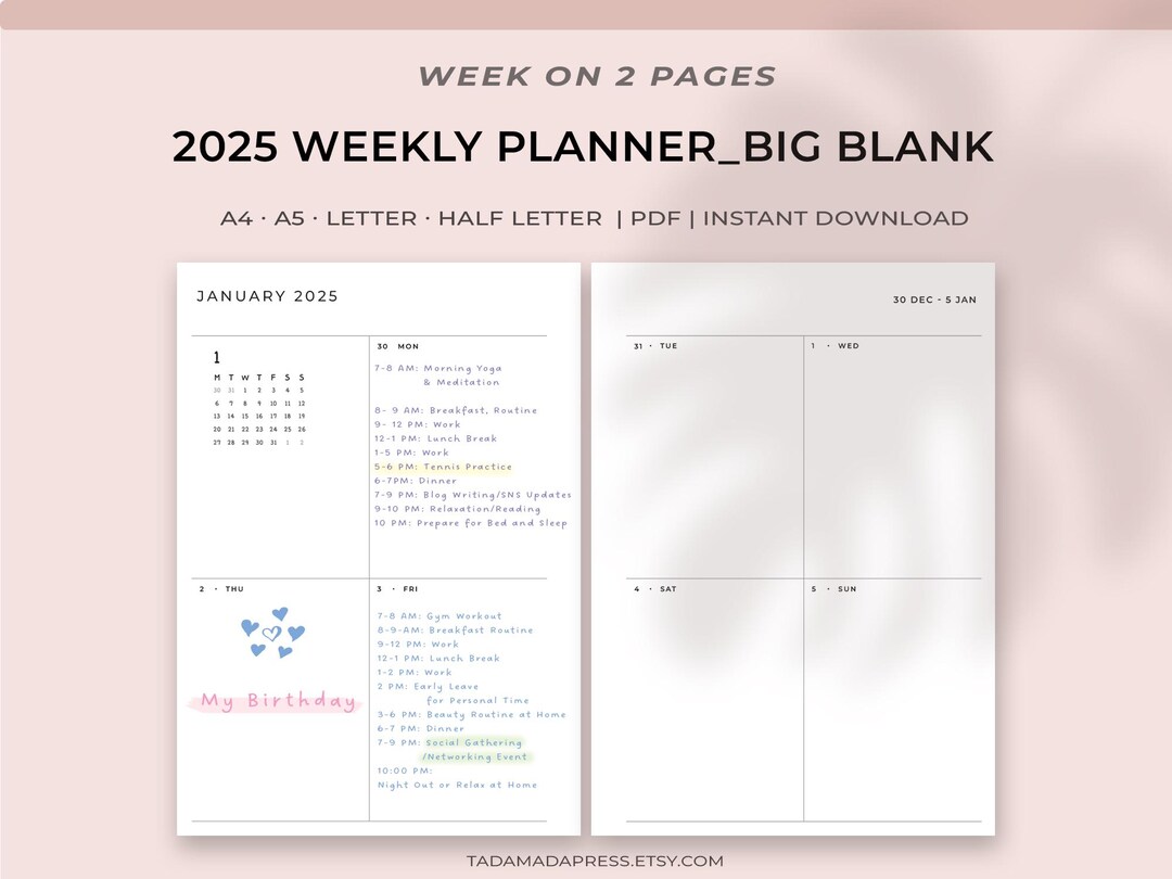 2025 Weekly Printable Planner: Minimalist Bujo Insert (A4, A5, Letter ...