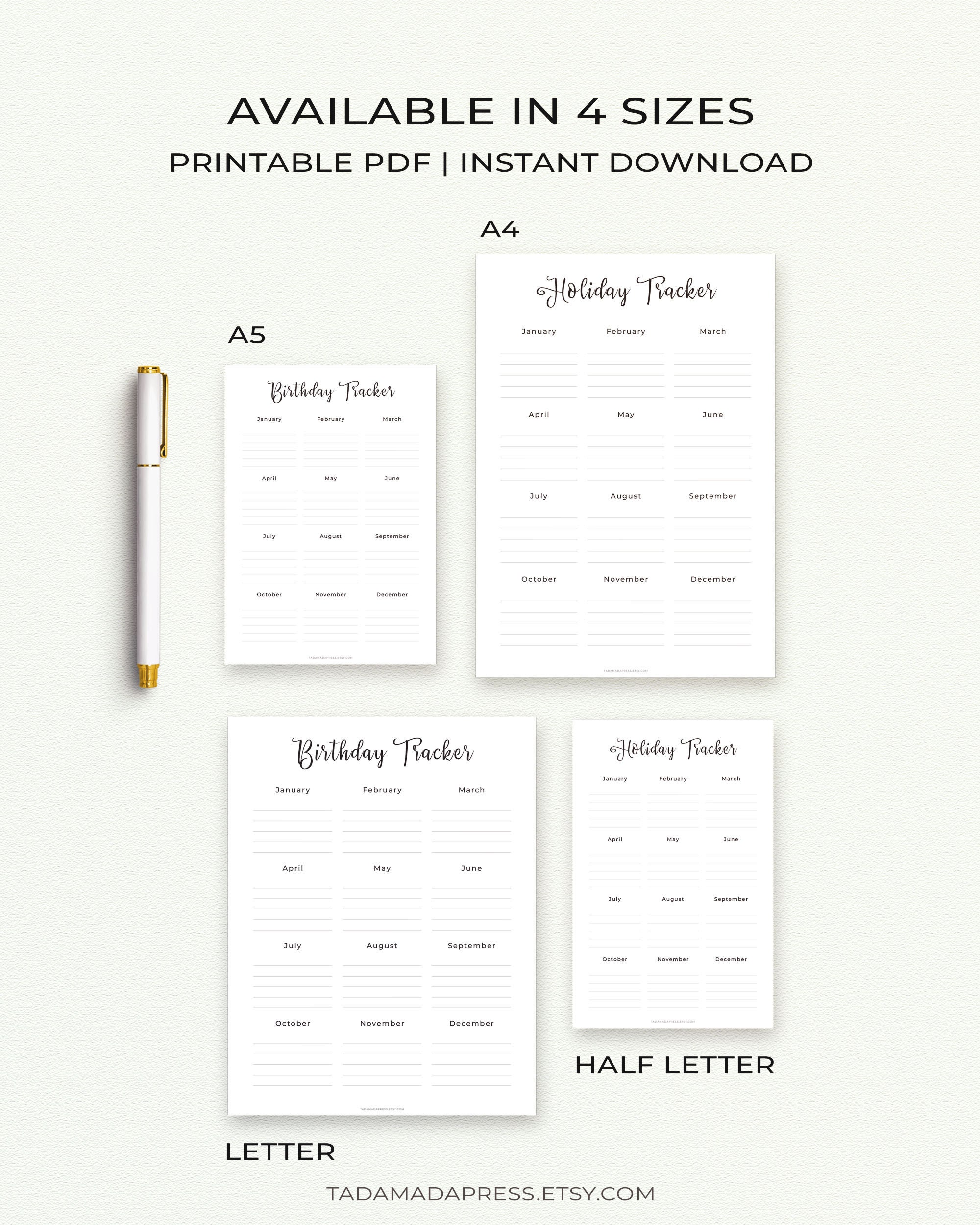 Birthday & Holiday Tracker, Tracker Printable Calendar, Perpetual ...