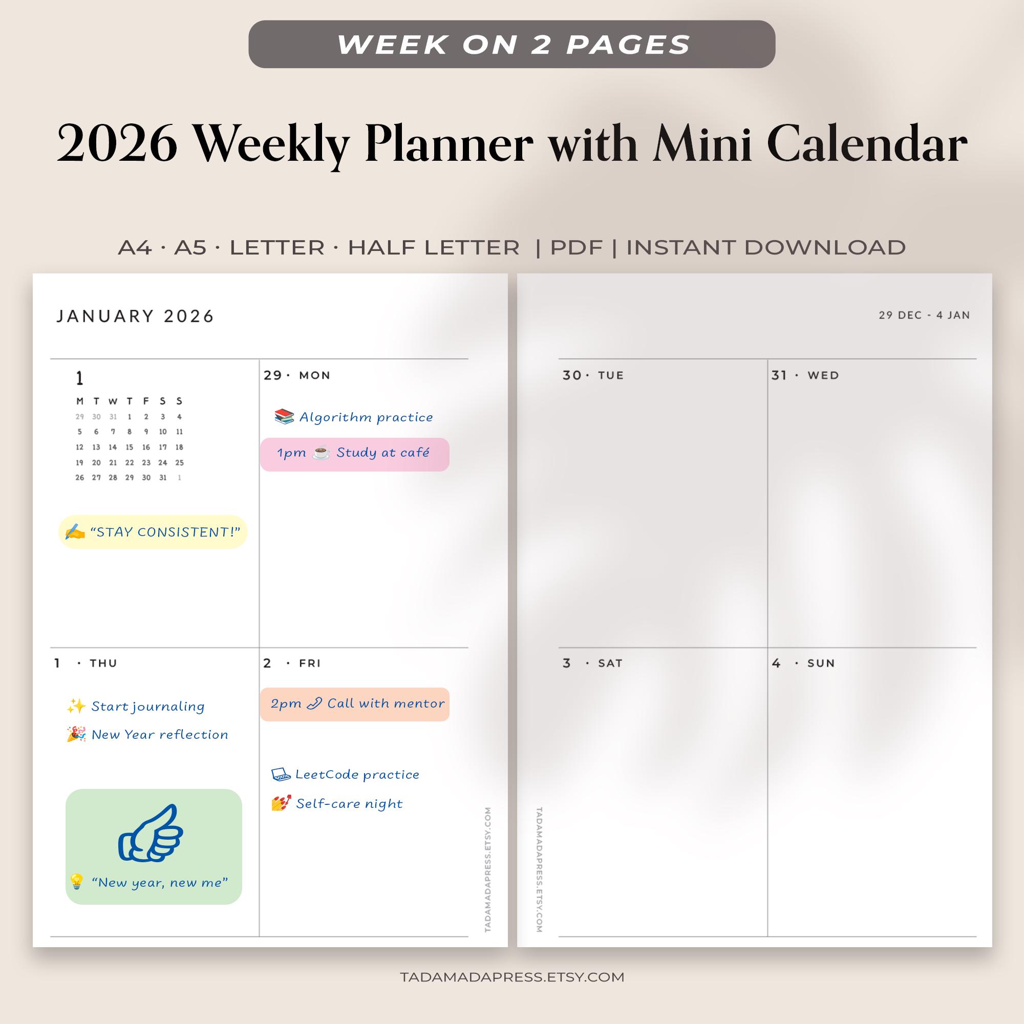 2026 Weekly Planner Printable: Minimalist Bujo Insert (A4 A5 Letter ...