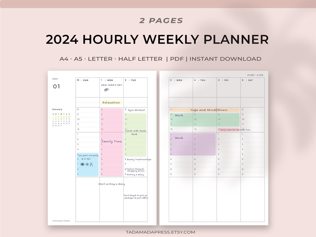 2024 Dated Hourly Weekly Printable Planner, 7 Day Schedule at a Glance ...