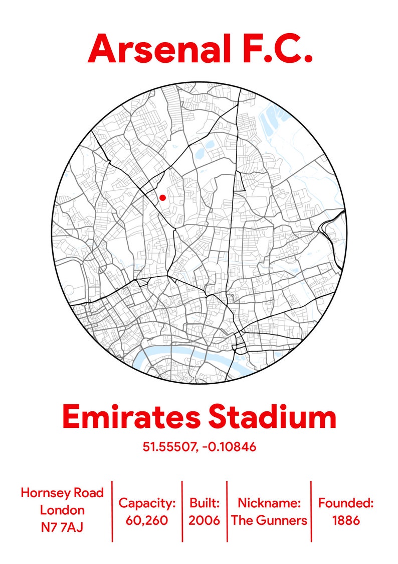 Arsenal Emirates Stadium Poster Minimalist Map Poster Print Arsenal ...