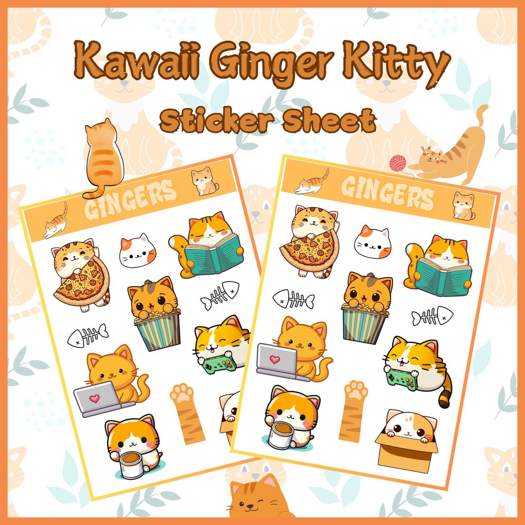 Cat Stickers, Ginger Cat Decals, Kawaii Cat Stickers, Orange Tabby ...