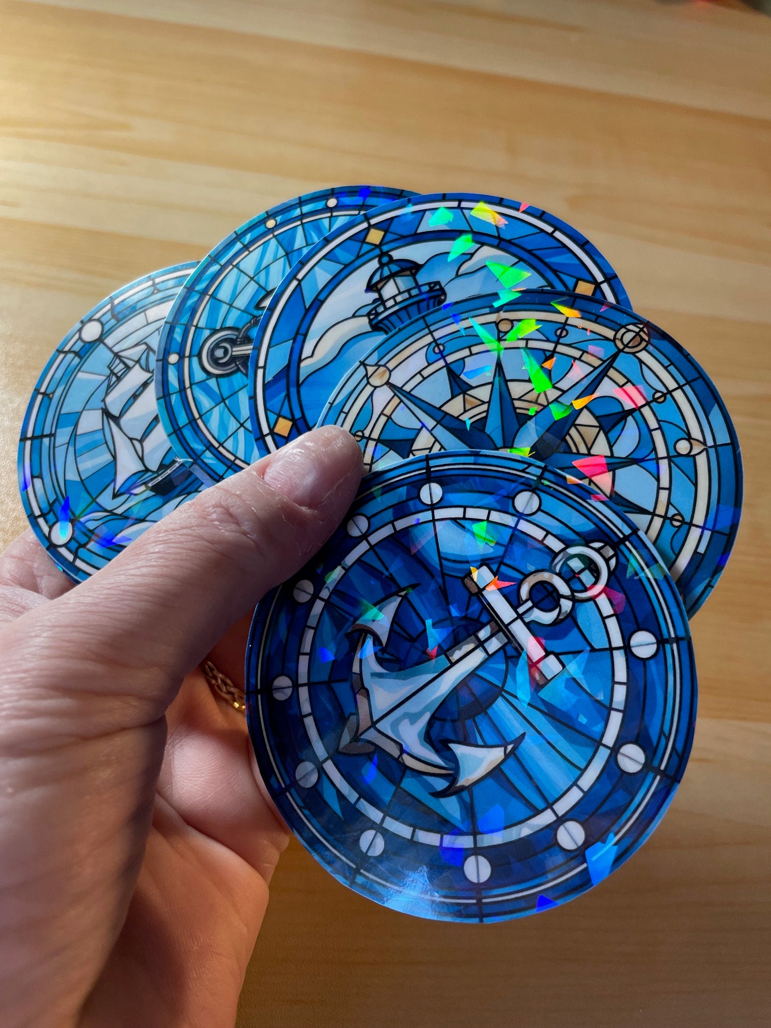 Holographic Stained Glass Nautical Sea Sticker Pack Anchor Lighthouse ...