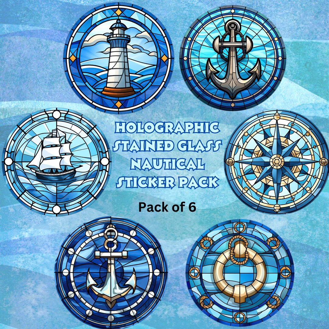 Holographic Stained Glass Nautical Sea Sticker Pack Anchor Lighthouse ...