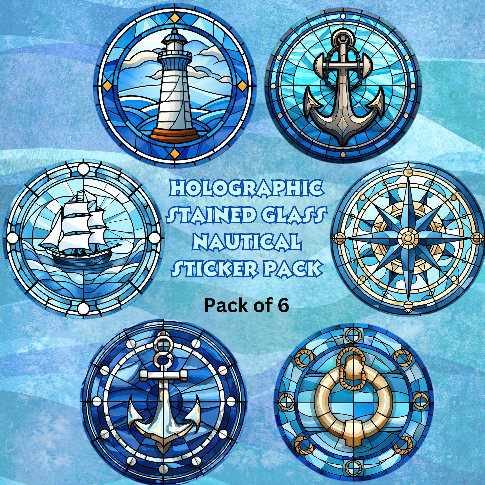 Holographic Stained Glass Nautical Sea Sticker Pack Anchor Lighthouse ...