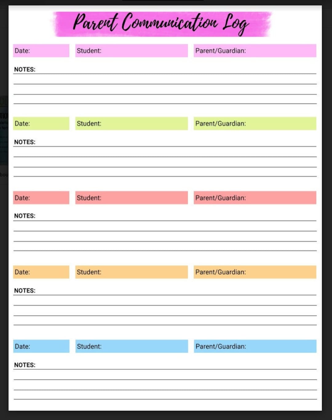 Parent Communication Log - Etsy