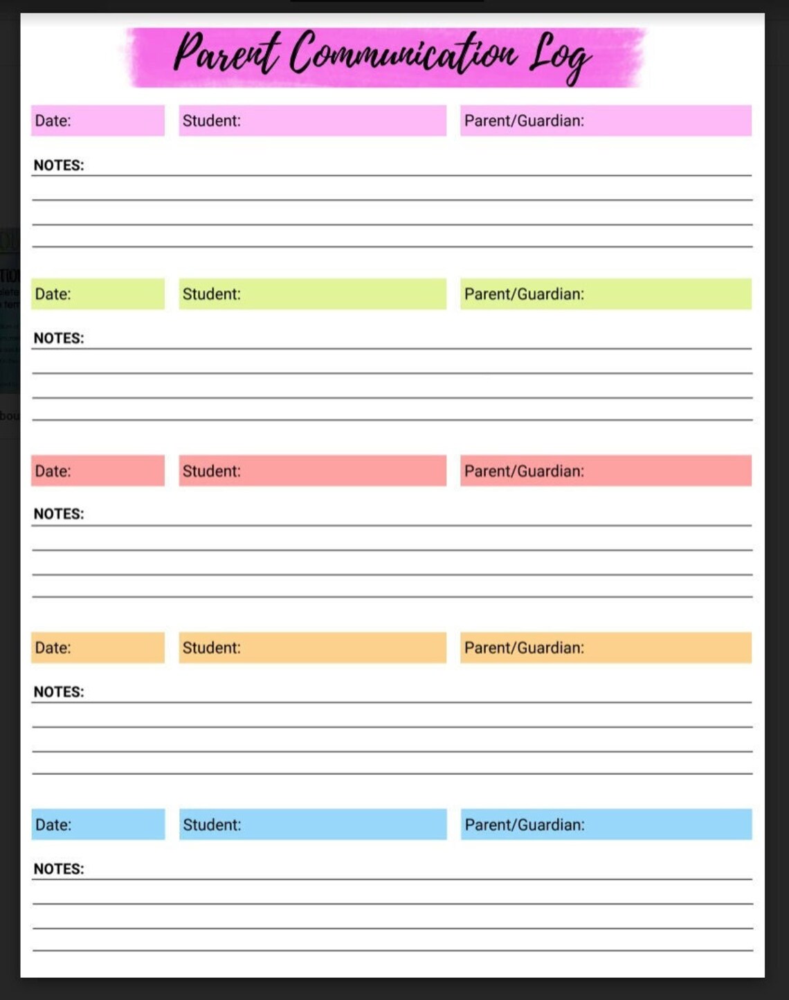 Parent Communication Log - Etsy