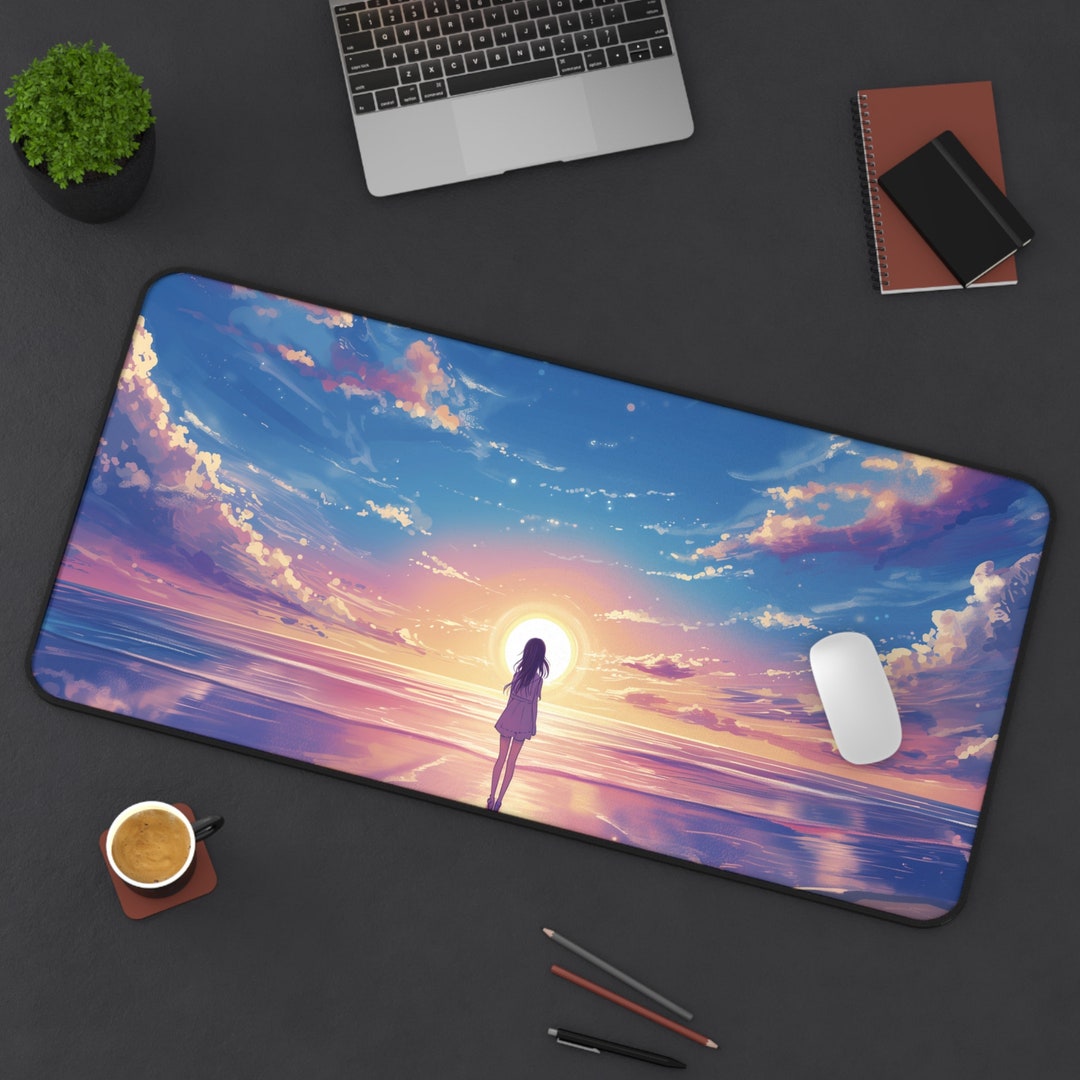 Anime Style Desk Mat, Anime Girl Enjoying Sunset, Manga Style, Japanese ...