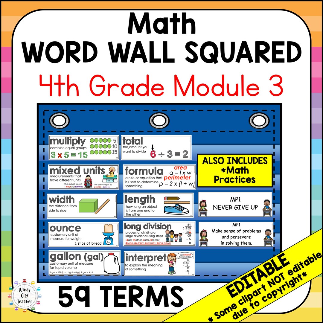 4th Grade Math Vocabulary Word Wall Squared - Module 3 - EDITABLE - Etsy