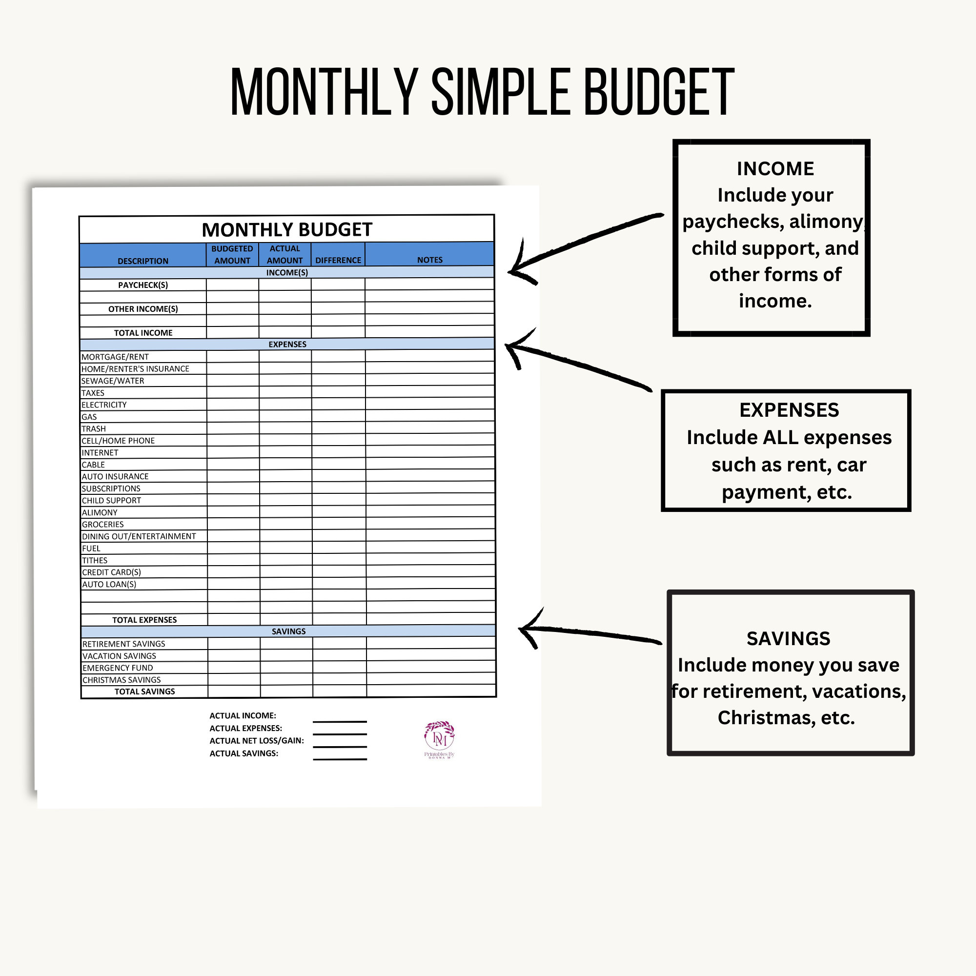 Printable Monthly Simple Budget, Monthly Budget Planner/tracker, US ...