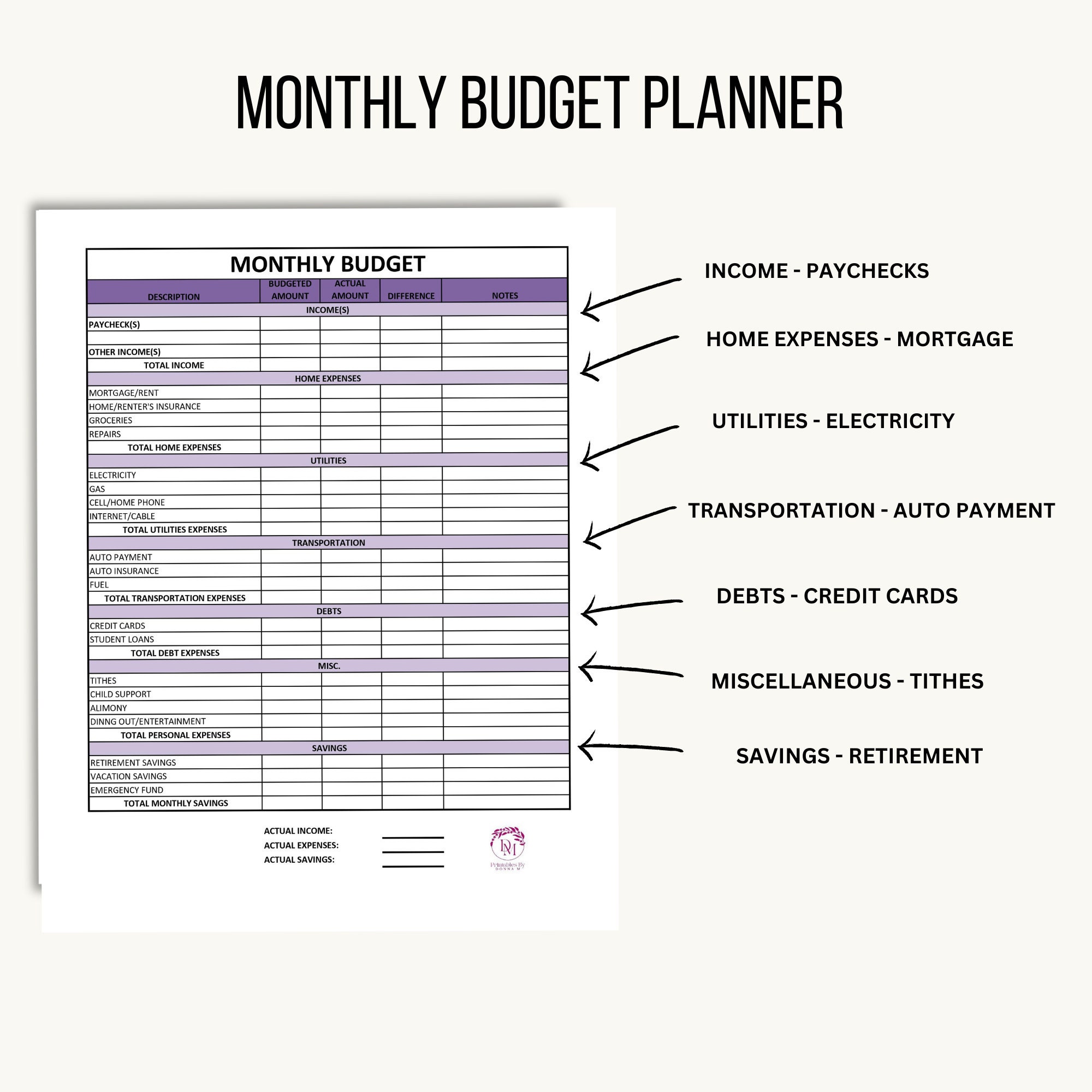 Printable Monthly Simple Budget, Monthly Budget Planner/tracker, US ...