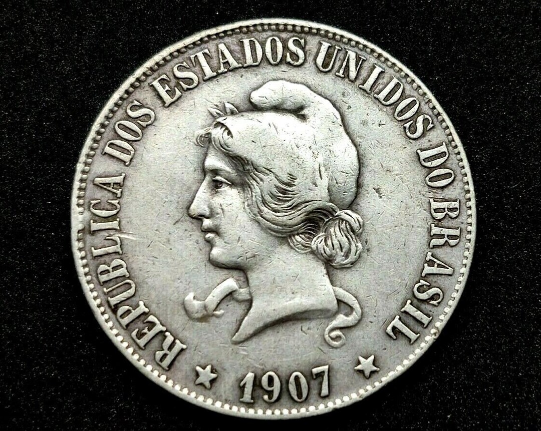 RARE 1907 Brazil Liberty & Cap Silver Old ANTIQUE 2000 Reis Brazil Coin ...