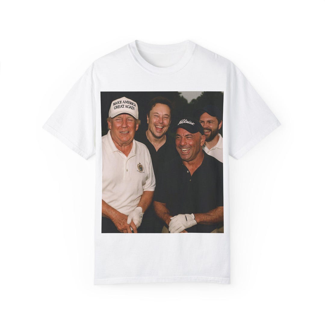 Analog Photo Golfing Trio Graphic Tee, Trump, Musk, Rogan, Vance ...
