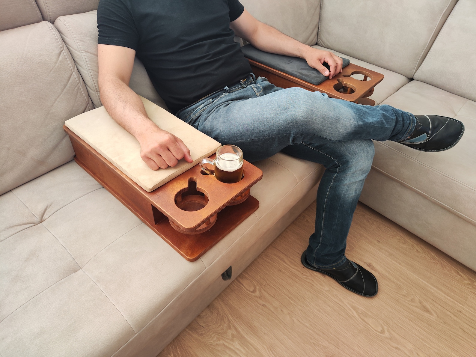 Wooden Sofa Armrest Tray With Dual Cup Holders – Couch Arm Table – Sofa ...