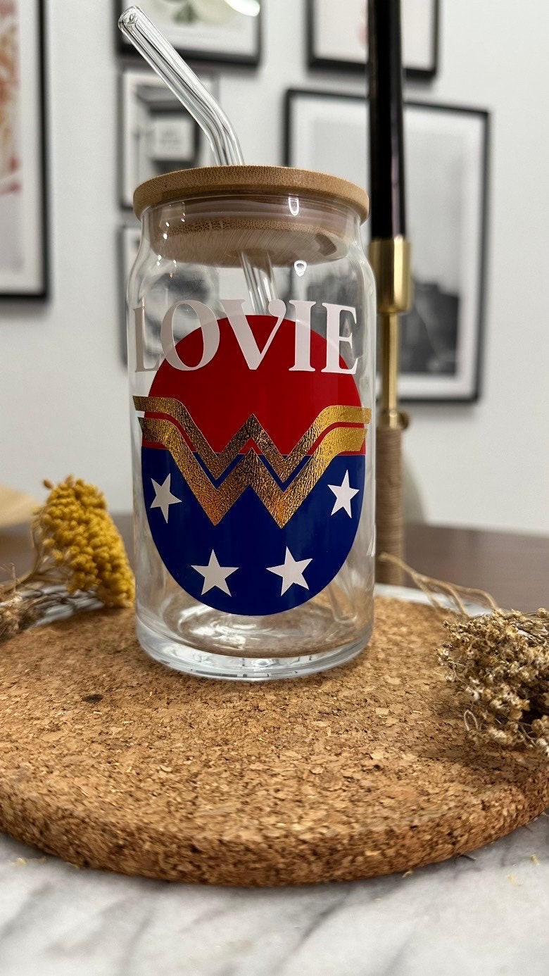 Wonder Woman Beer Can Glass Cup W/lid and Glass Straw. - Etsy