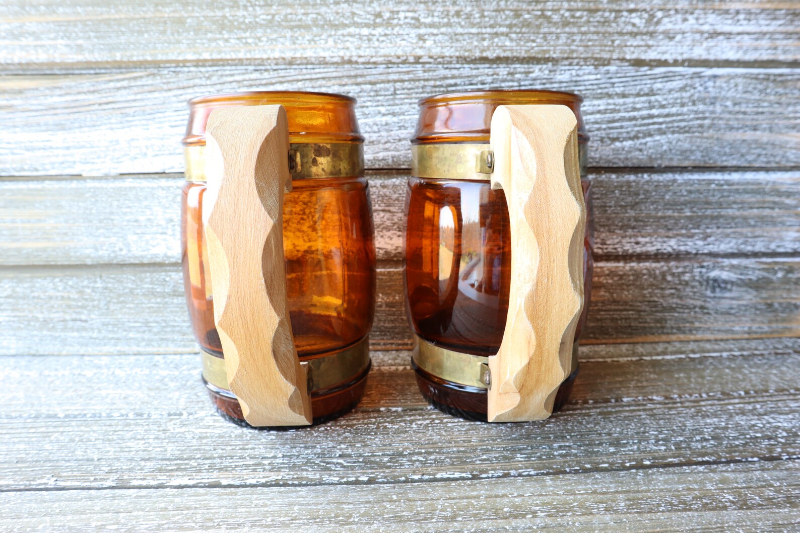 Vintage 1960's Amber Glass Barrel Barware Mugs With Scalloped Wooden ...