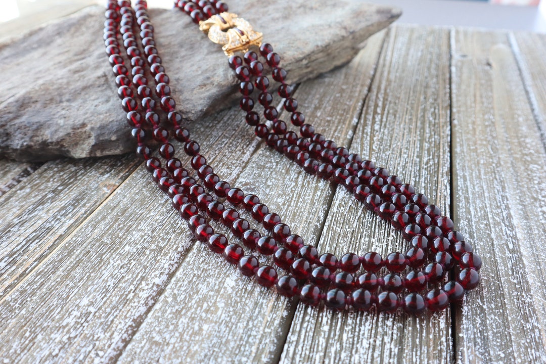 Nolan Miller - Ruby Red Glass Bead 30-inch Triple Strand Necklace With ...