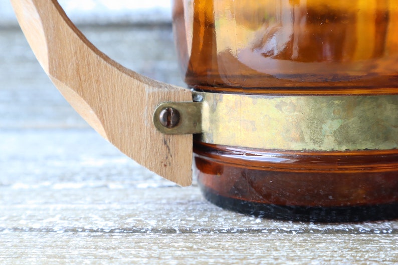 Vintage 1960's Amber Glass Barrel Barware Mugs With Scalloped Wooden ...