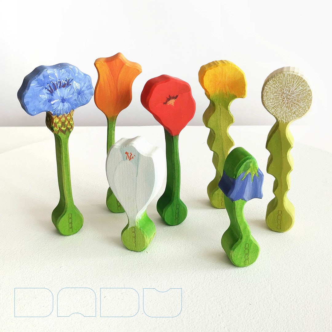 Handmade Wooden Waldorf Toy Flower Set of 7, Eco-friendly, Educational ...