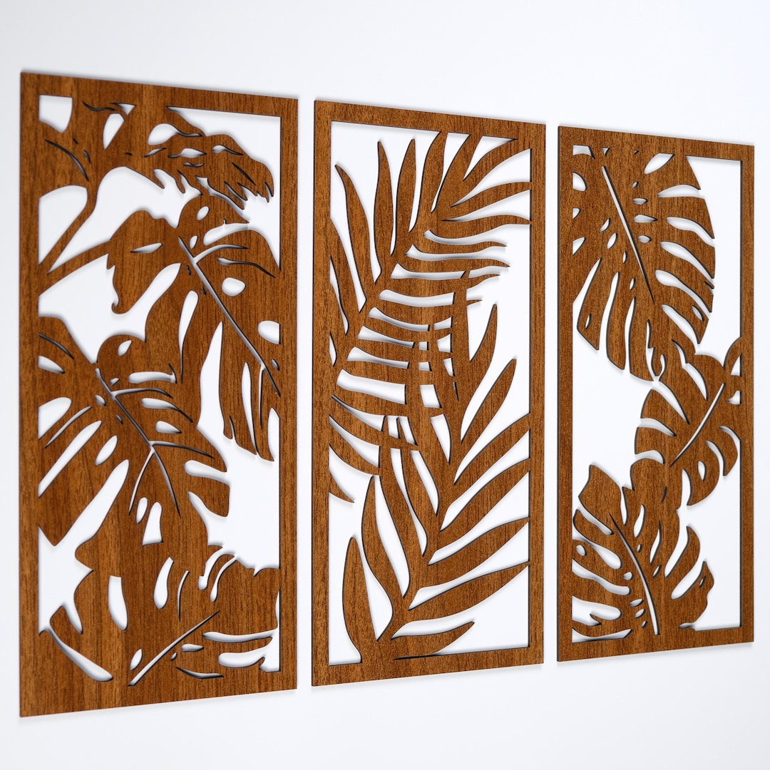 Tropical Leaf Wood Wall Art Set of 3, Modern Boho Wall Art ...