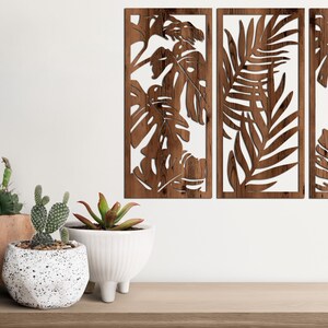 Tropical Leaf Wood Wall Art Set of 3, Modern Boho Wall Art ...