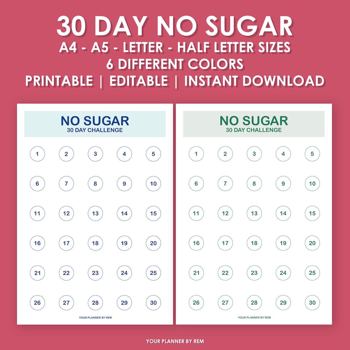 30 Day No Sugar Challenge, No Sugar Tracker - Etsy