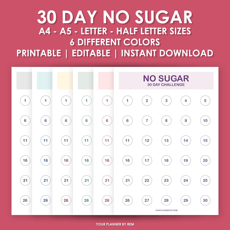 30 Day No Sugar Challenge, No Sugar Tracker - Etsy
