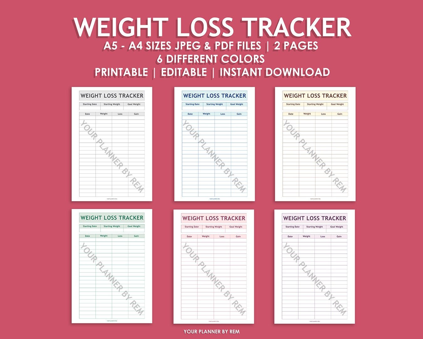 Digital Weight Loss Tracker Printable, Fitness Tracker Planner, Health ...