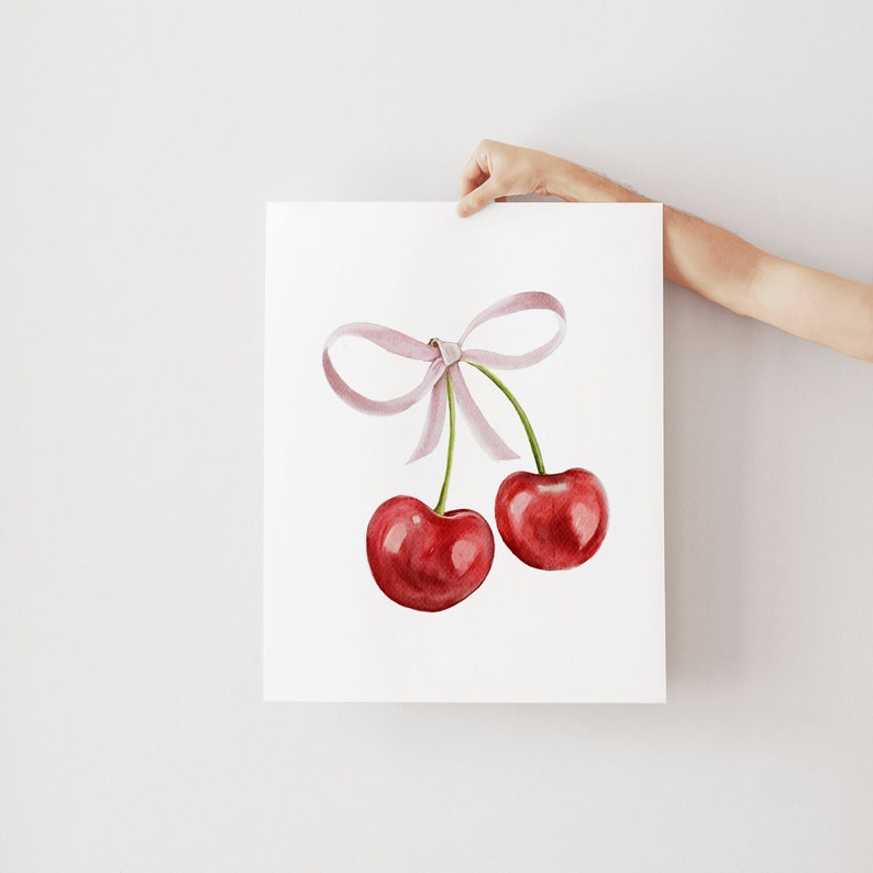Cherry Bow Art Print Printable Watercolor Coquette Room Decor Aesthetic ...