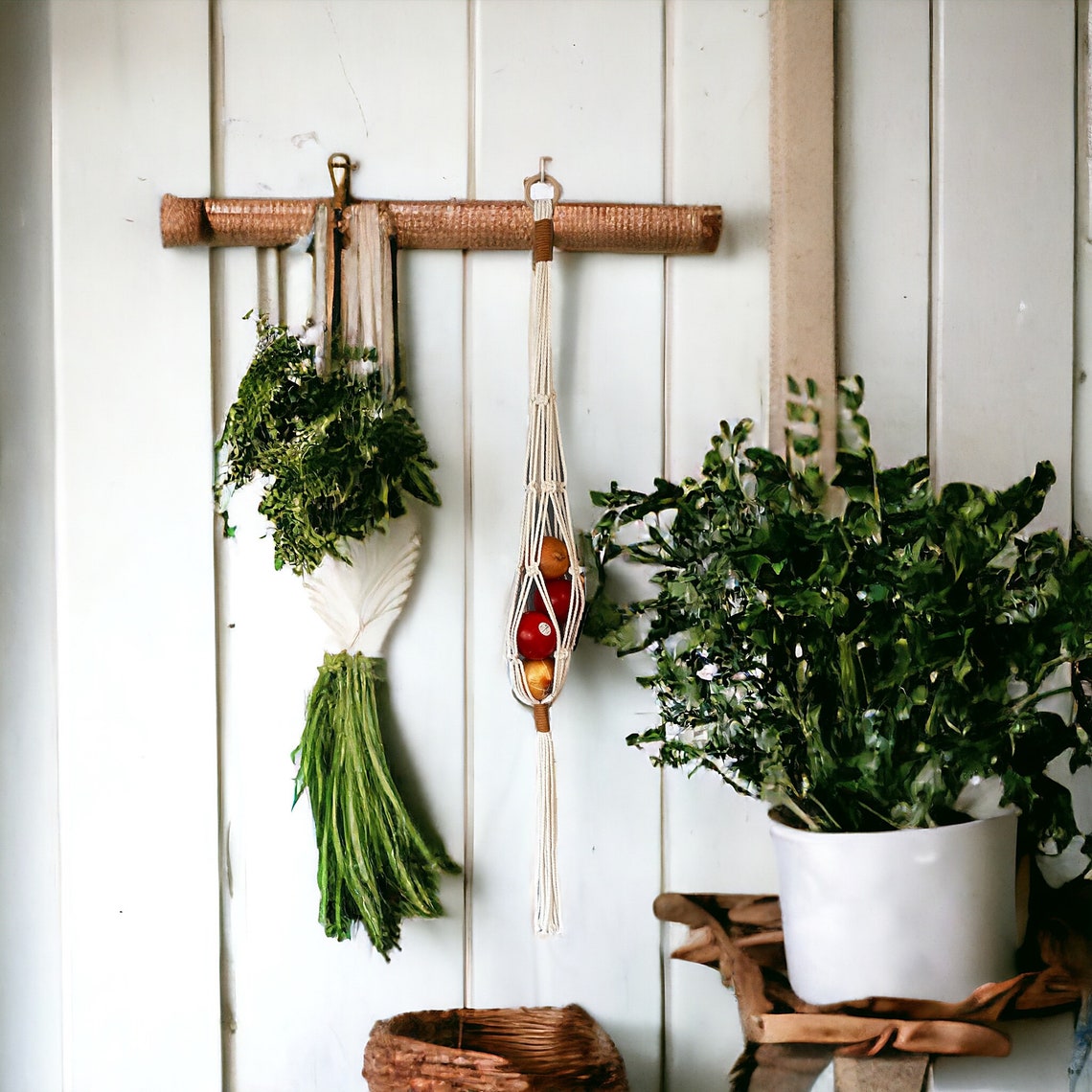 Macrame Vegetable Bag | Kitchen Decor | Macrame Kitchen Produce Hanger ...