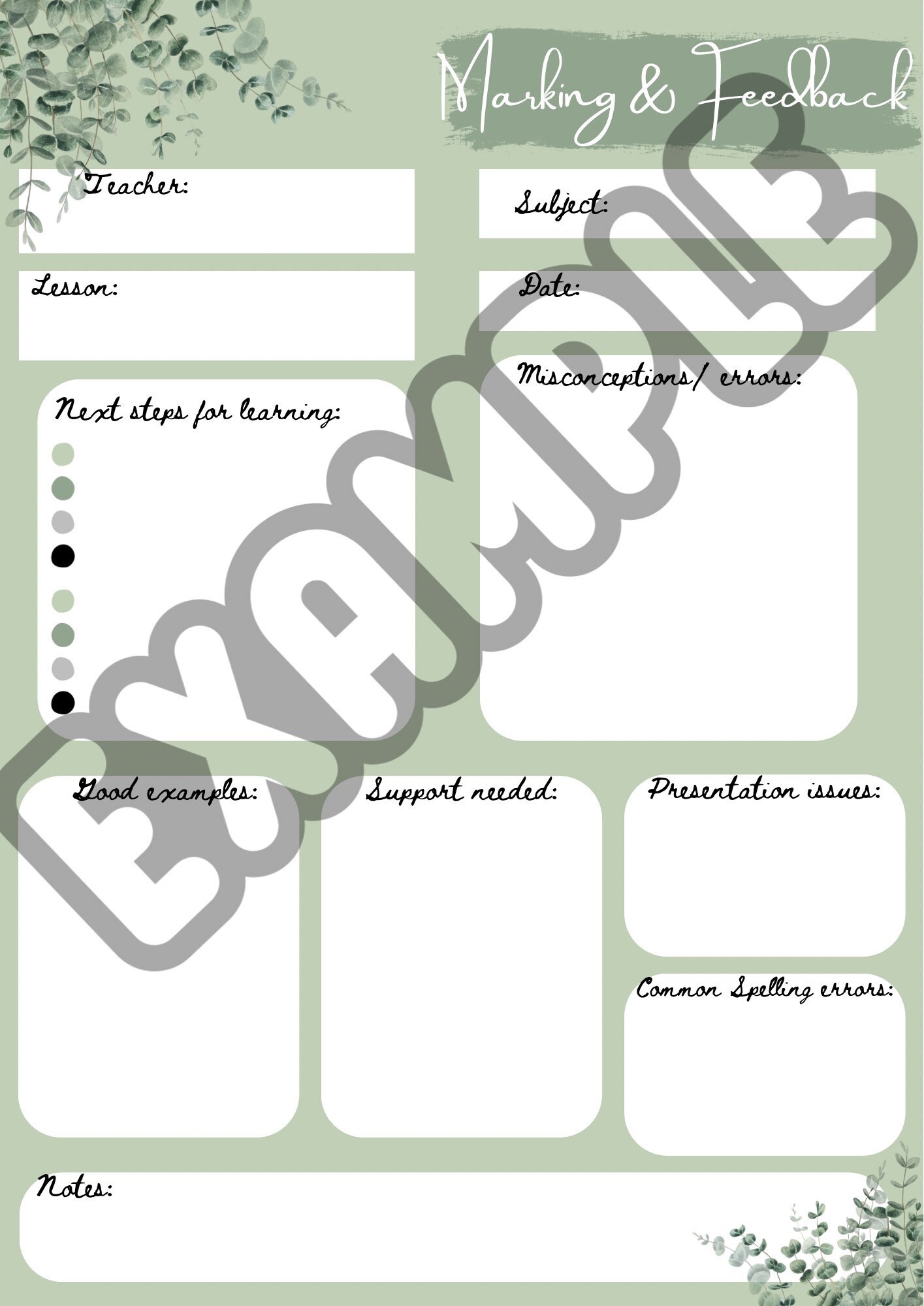 Lesson Plan With Marking and Feedback Sheet Eucalyptus Design - Etsy